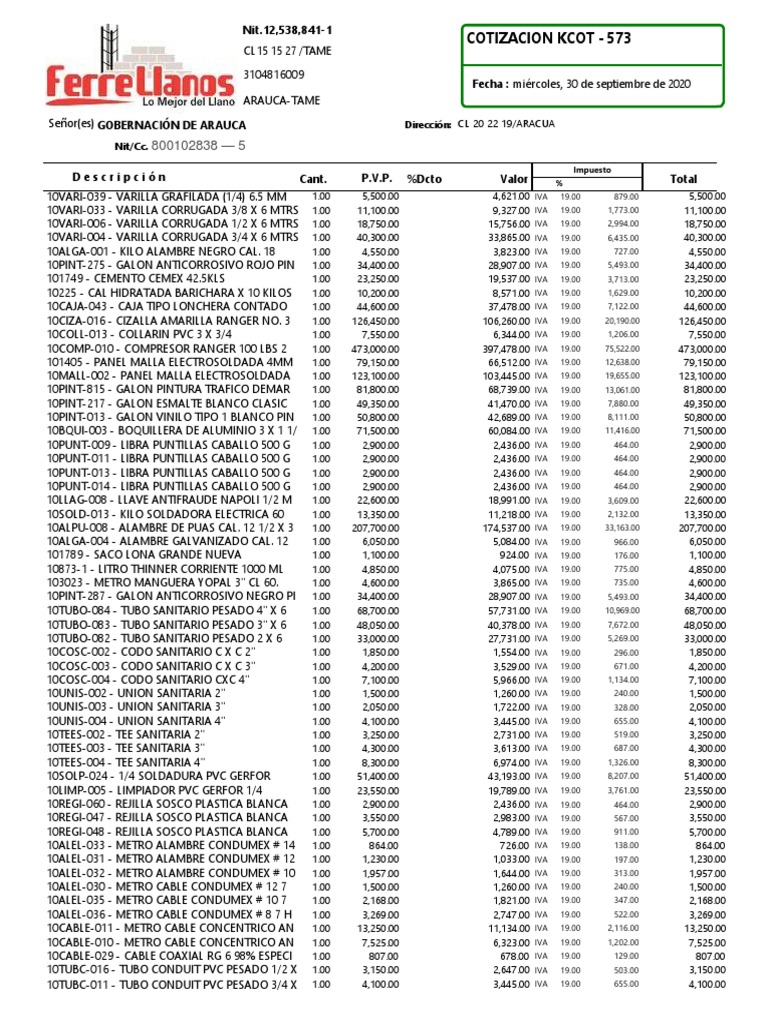Cotizacion Ferrellanos Tame PDF | PDF