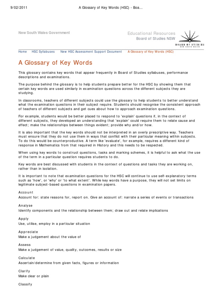 A Glossary of Key Words (HSC) - Board of Studies NSW | PDF | Test ...
