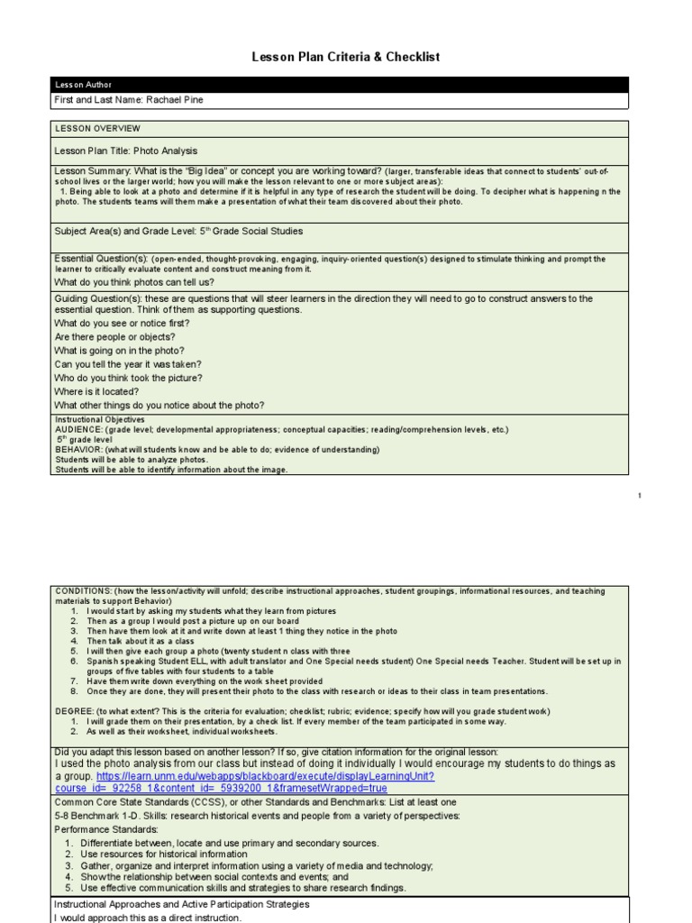 Lesson Plan Criteria & Checklist | PDF | Lesson Plan ...