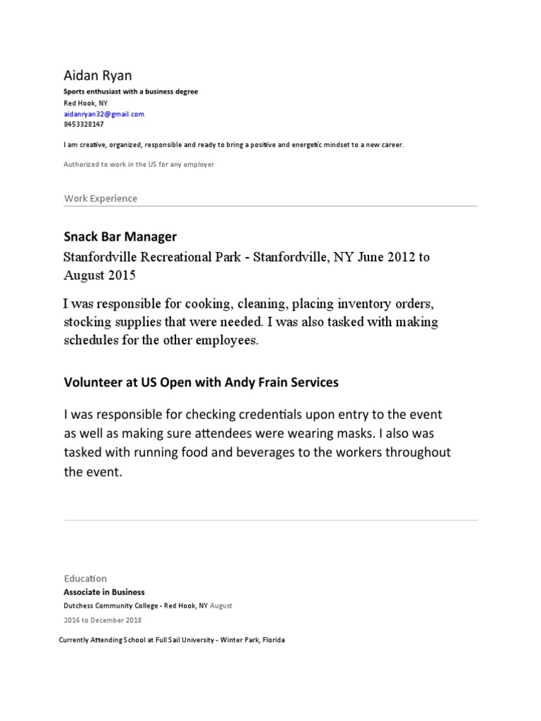 Aidan Ryan: Snack Bar Manager | PDF