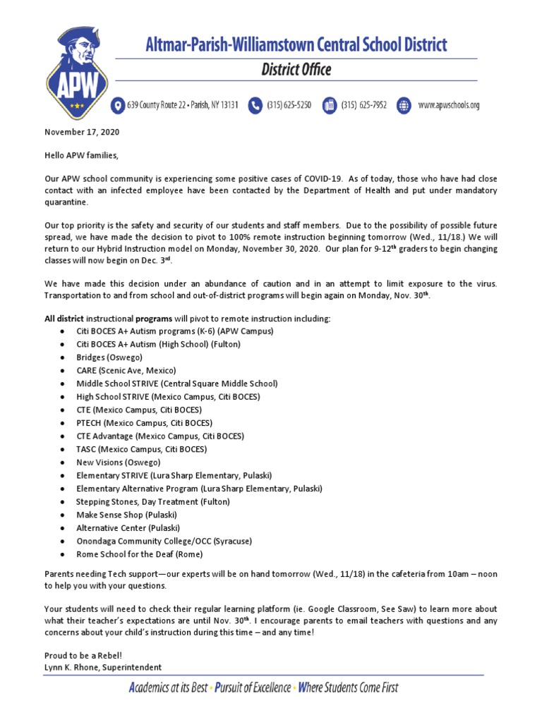 Superintendents Letter Pivoting To Remote 11.17.20 | PDF