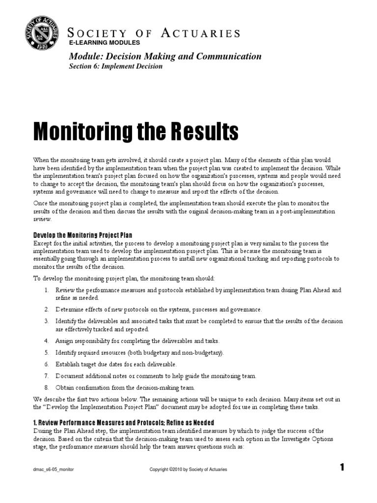 Monitoring The Results PDF | PDF | Governance | Decision Making
