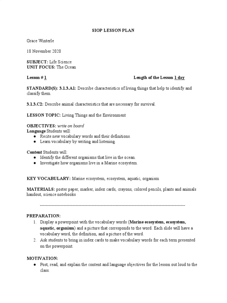 Siop Lesson Plan - Ocean | PDF | Vocabulary | Teachers