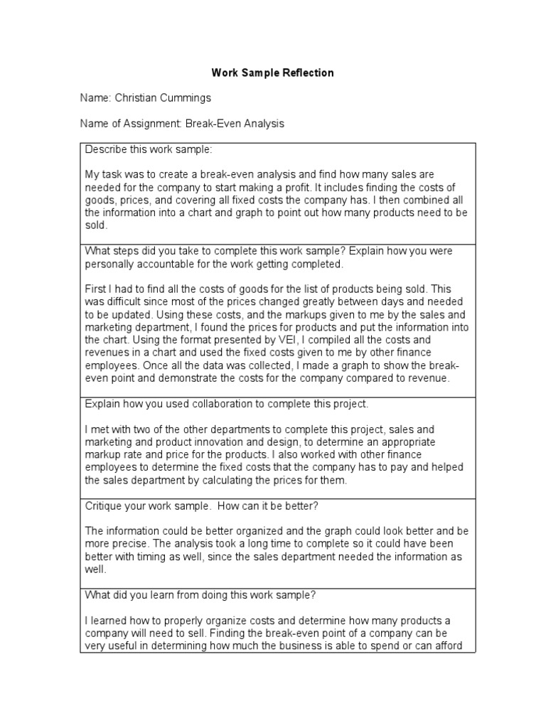 Break-Even Analysis Work Sample Review | PDF | Career & Growth | Business
