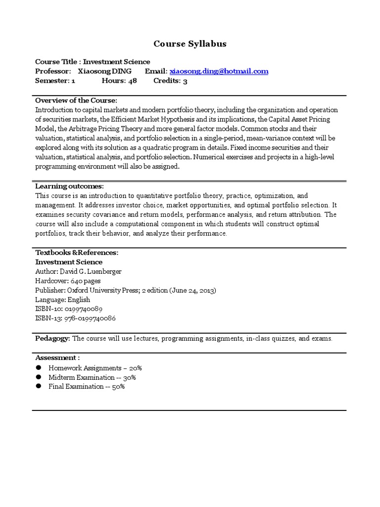 Investment Science | PDF | Capital Asset Pricing Model | Modern ...