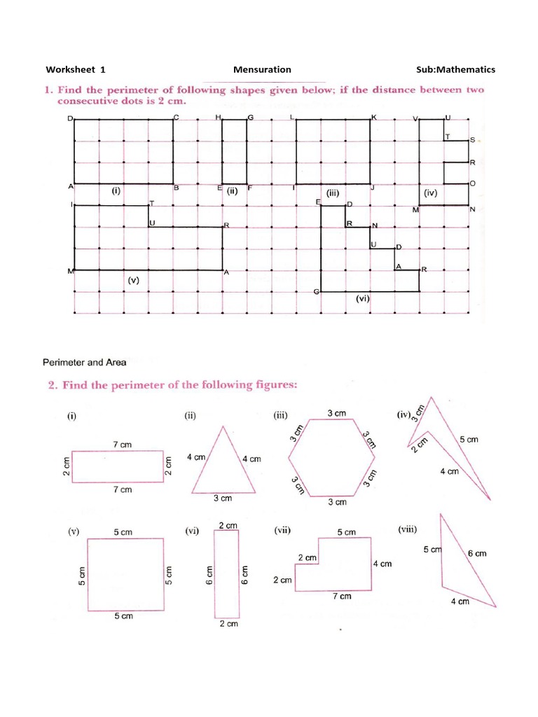 Mensuration Worksheet for Mathematics | PDF