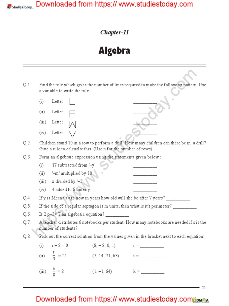 Class 6 Maths Algebra Worksheet | PDF