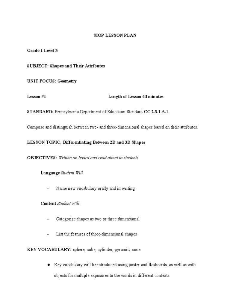 Siop Lesson Plan 1 | Download Free PDF | Shape | Vocabulary