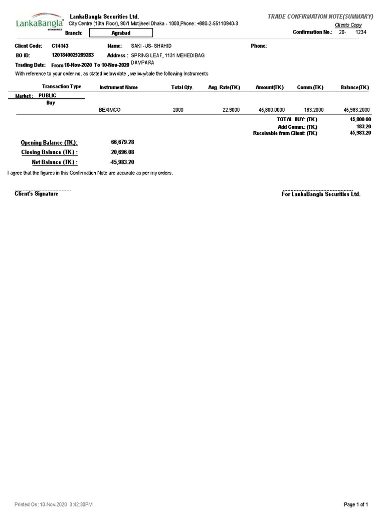 Lankabangla Securities LTD.: Trade Confirmation Note (Summary) | PDF ...