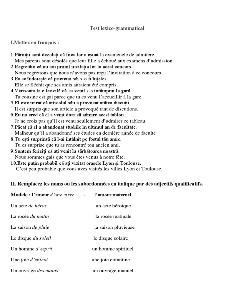 Test lexique et grammaire française | PDF | La nature