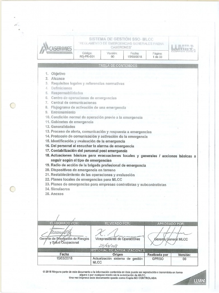 Reglamento de Emergencias General Faena Caserones | PDF