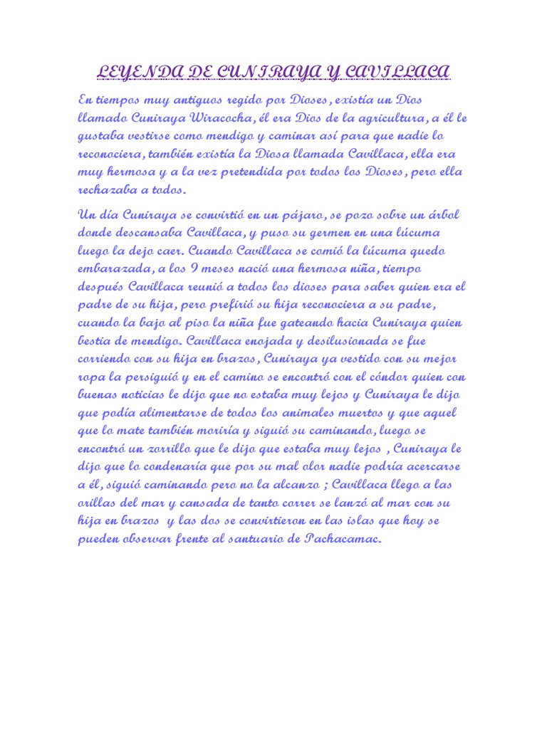 Leyenda de Cuniraya y Cavillaca PDF | PDF