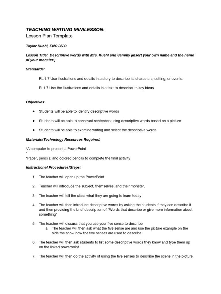 Lesson Plan Template: Teaching Writing Minilesson | PDF | Lesson Plan ...