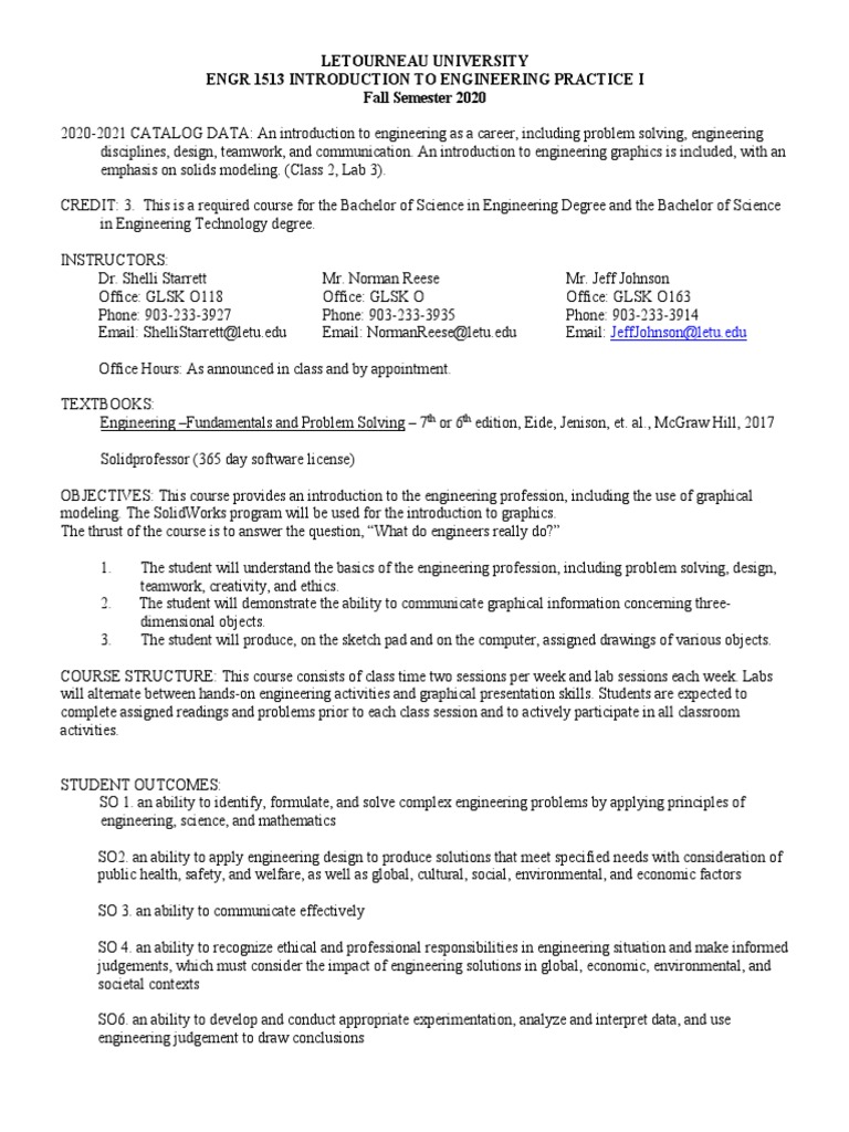 Engr1513 Syllabus FA20 Abet | PDF | Academic Dishonesty | Engineering