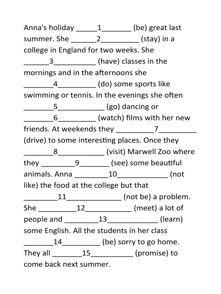 Anna's Holiday Past Simple Gap Fill Story | PDF