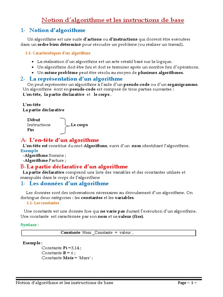 1 Notion D'algorithme Et Les Instructions de Base | PDF | Pi | Variable (informatique)