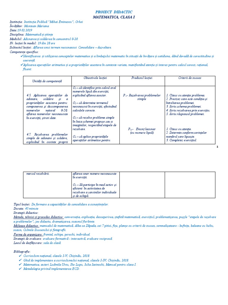 Matematica Proiect Didactic | PDF
