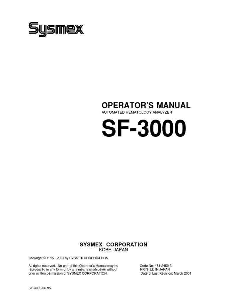 Sysmex SF-3000 Hematology Analyzer - Instruction Manual PDF | PDF ...