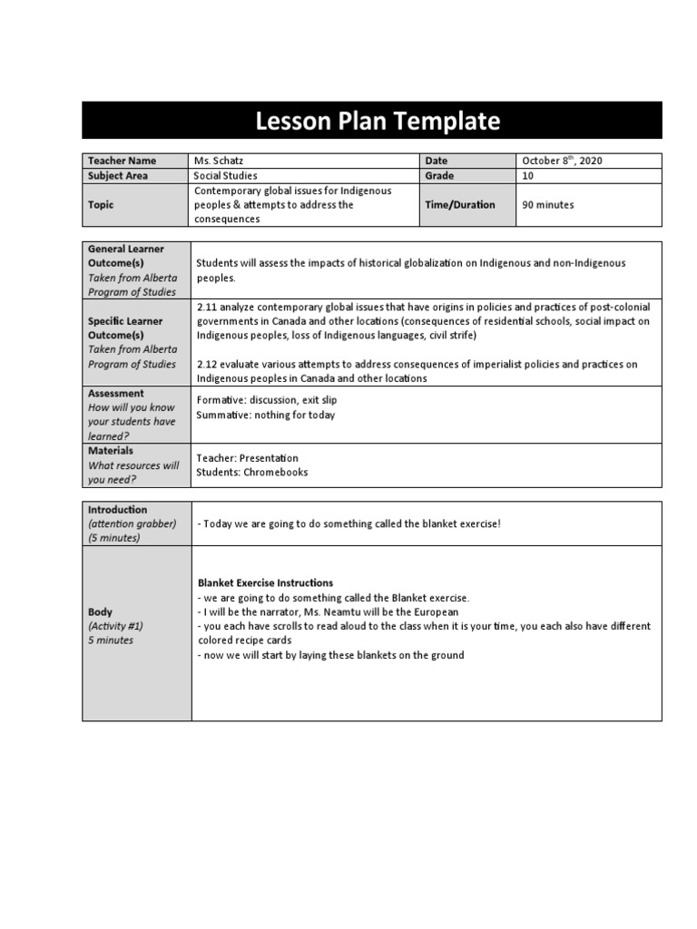 Lesson Plan Template: Teacher Name Date Subject Area Grade Topic Time ...