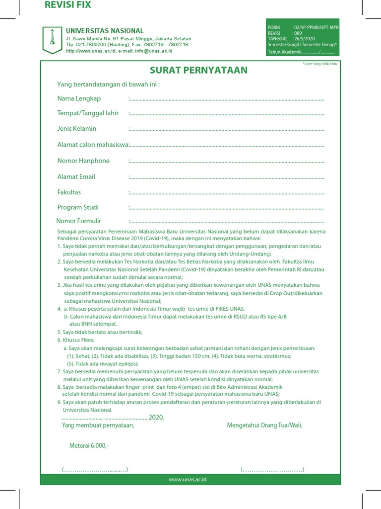 Surat Pernyataan MHS Unas PDF | PDF