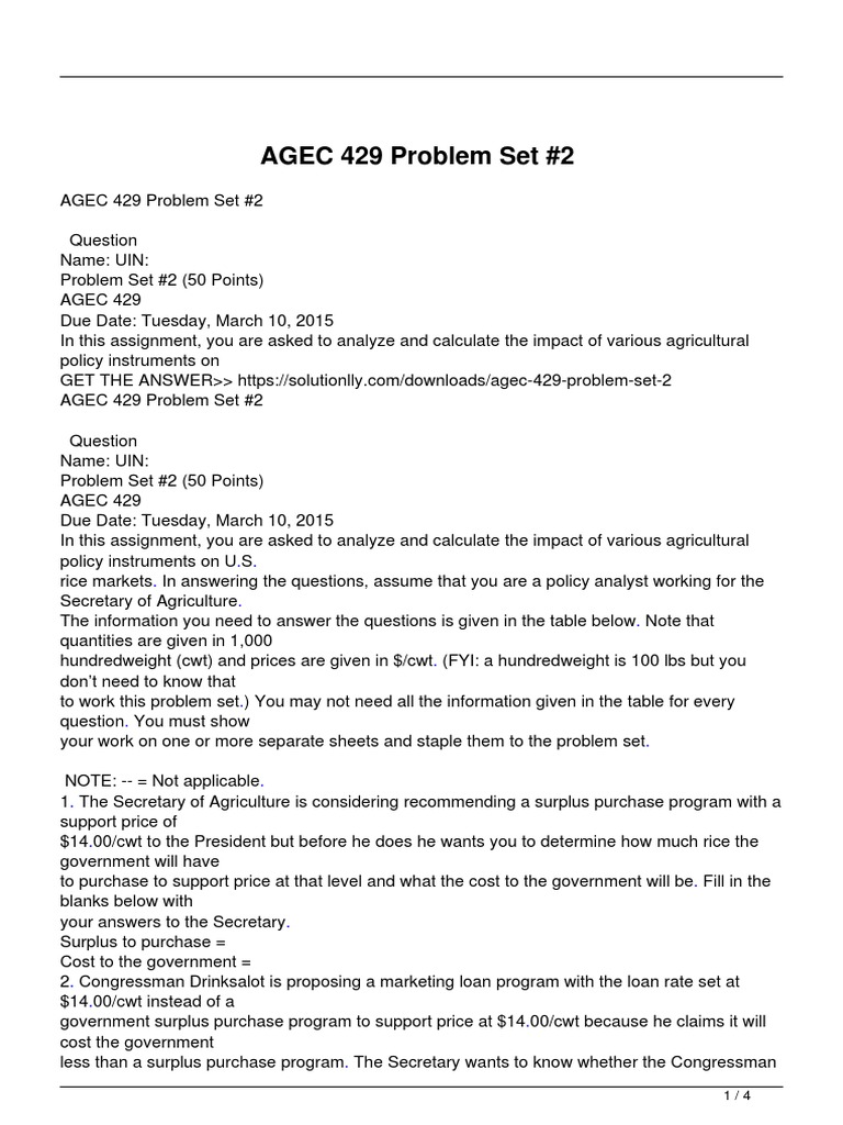 Agec 429 Problem Set 2 | PDF