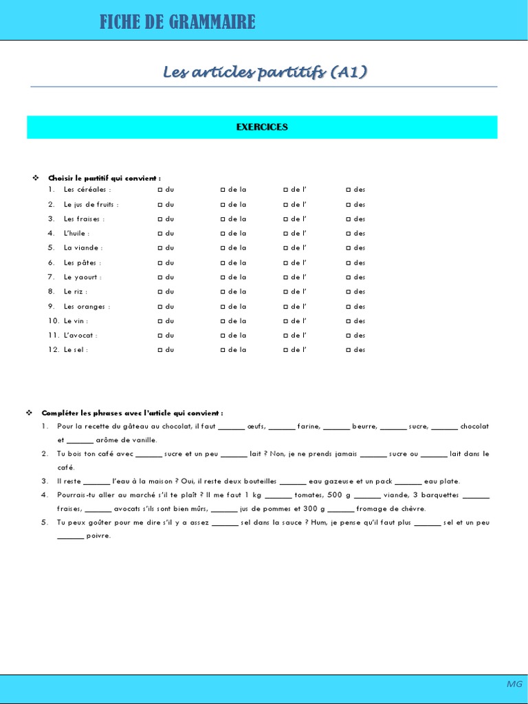 Exercices sur les articles partitifs | PDF