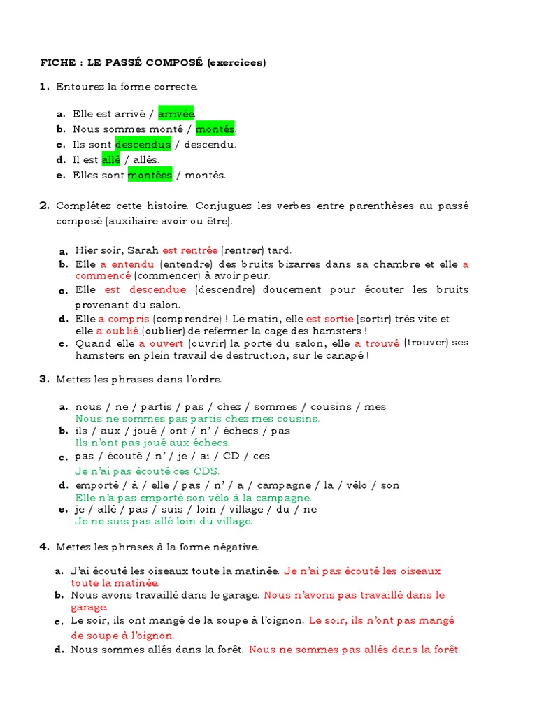 Fiche - Le Passe Compose (Exercices) (Corrigee) PDF | PDF