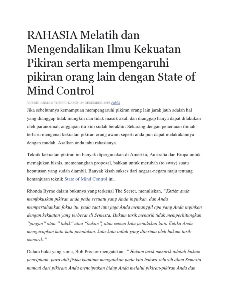 RAHASIA Melatih Dan Mengendalikan Ilmu Kekuatan Pikiran Serta Mempengaruhi Pikiran Orang Lain ...