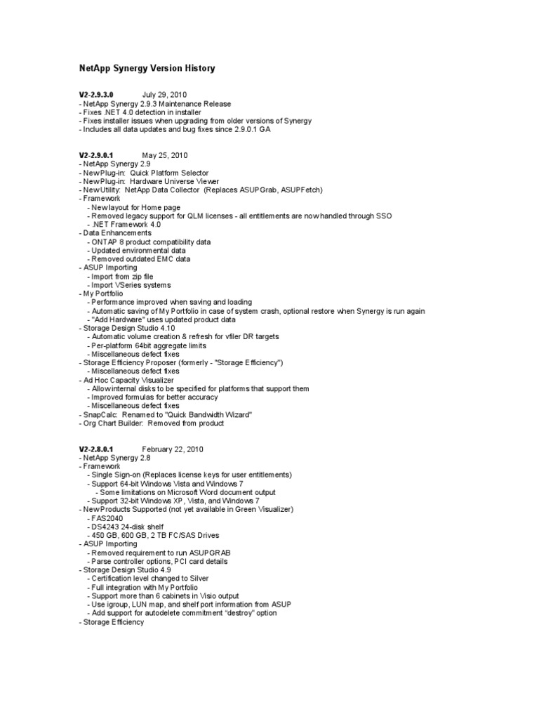 NetApp Synergy Version History | PDF