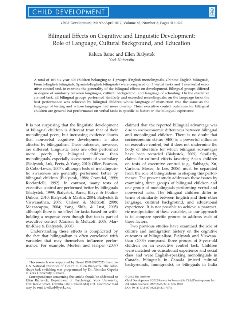 Bilingual Effects On Cognitive and Linguistic Development: Role of ...