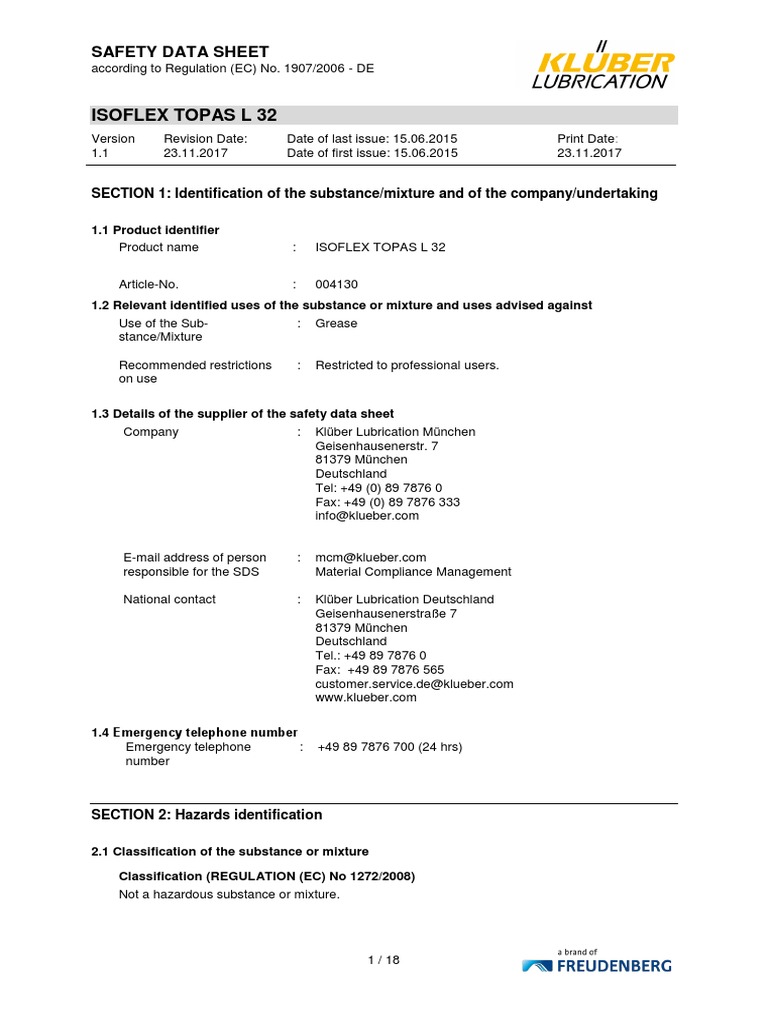 Isoflex Topas L32 MSDS PDF | PDF | Toxicity | Dangerous Goods