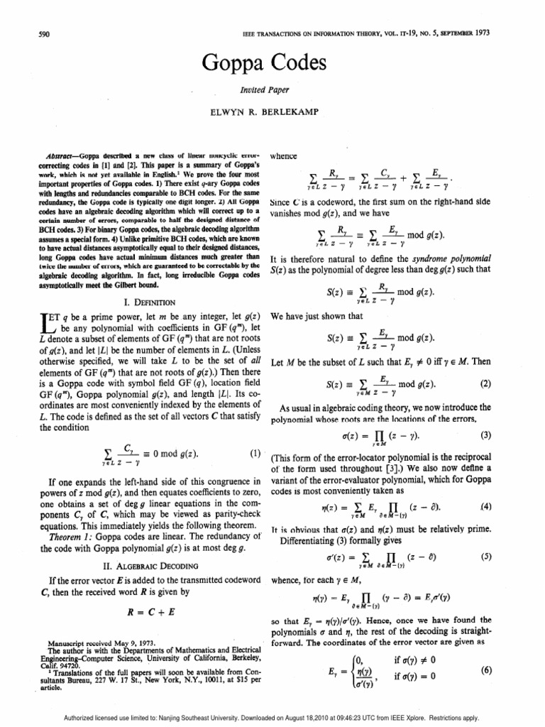 Ieee 1973 Goppa Codes Pdf Pdf Mathematical Analysis Abstract
