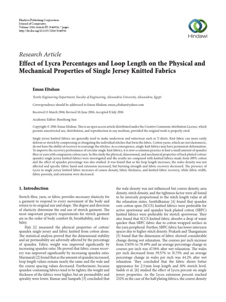 Effect of Lycra Percentages and Loop Length On The PDF | PDF | Knitting ...