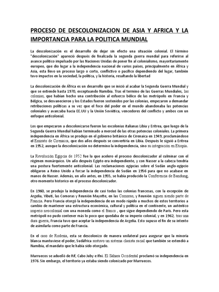 Proceso de Descolonizacion de Asia y Africa y La Importancia para La Politica Mundial | PDF ...