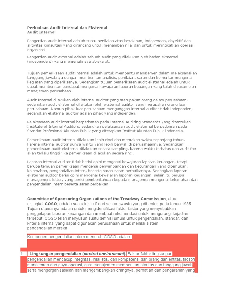 Perbedaan Audit Internal Dan Eksternal Audit Internal | PDF