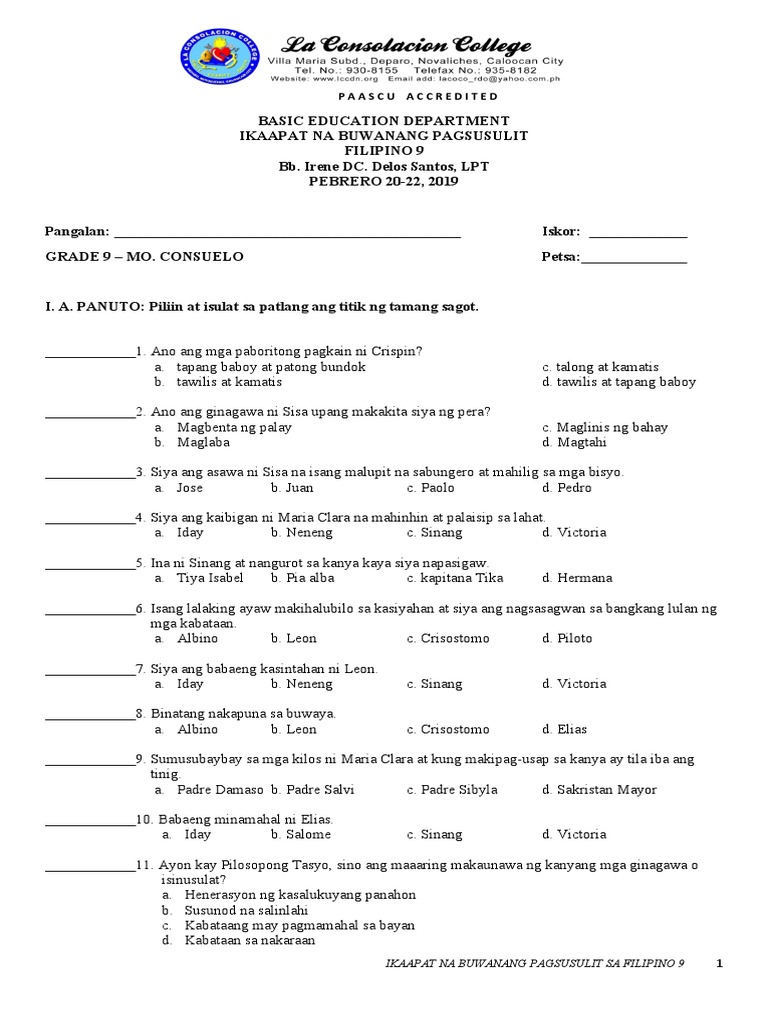 Ikaapat Na Buwanang Pagsusulit Gr. 9 2018-2019 | PDF