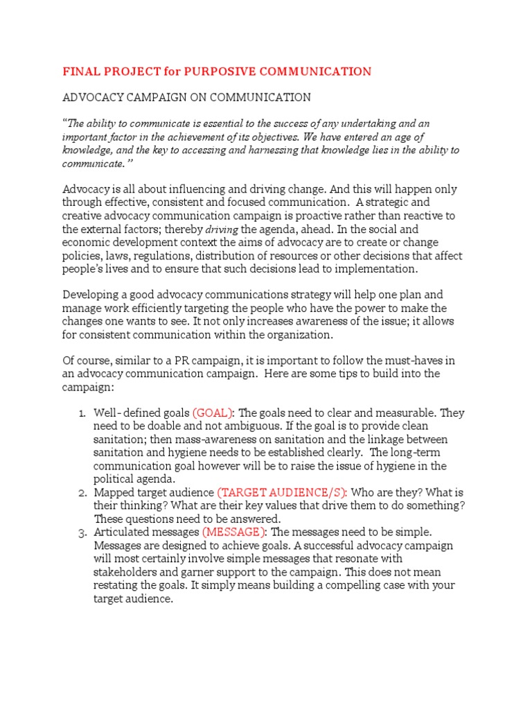 FINAL PROJECT For PURPOSIVE COMMUNICATION | PDF | Advocacy | Goal