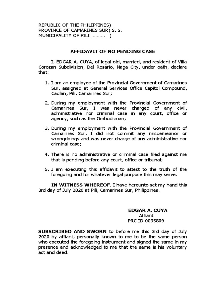 Affidavit of No Pending Case | PDF | Affidavit | Legal Procedure