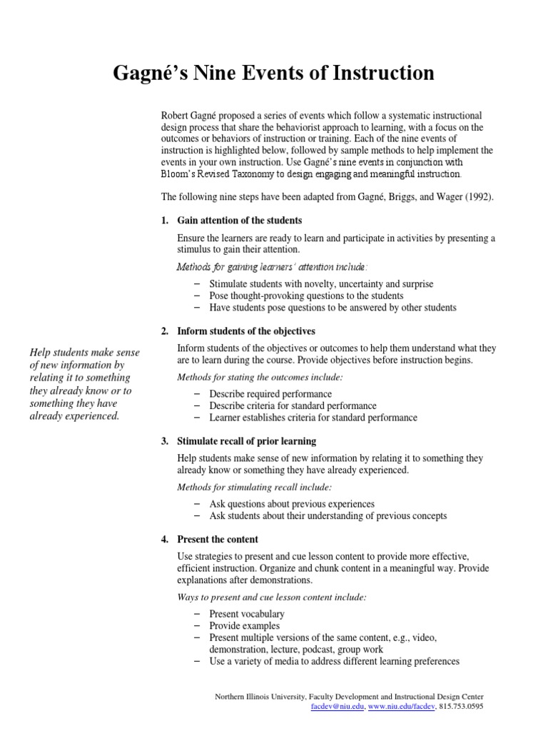Gagné's Nine Events of Instruction Guide | PDF | Instructional Design ...