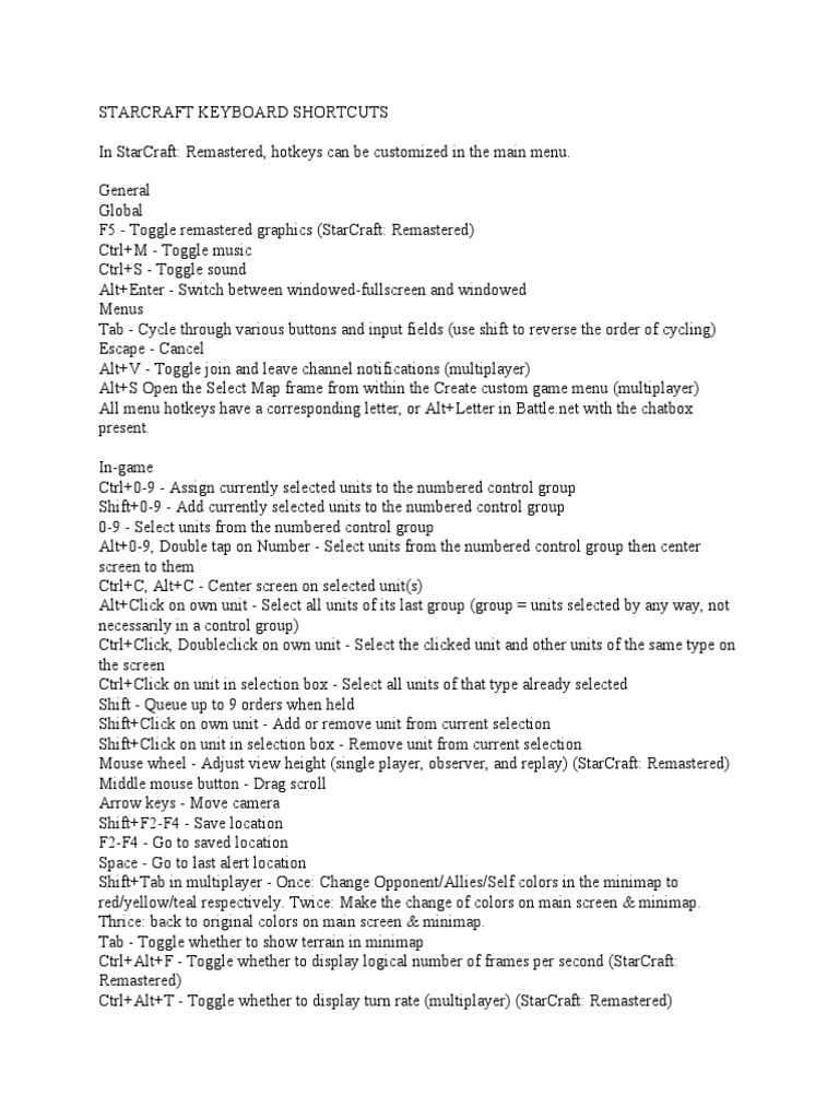 Starcraft Keyboard Shortcuts - General | PDF | Keyboard Shortcut ...