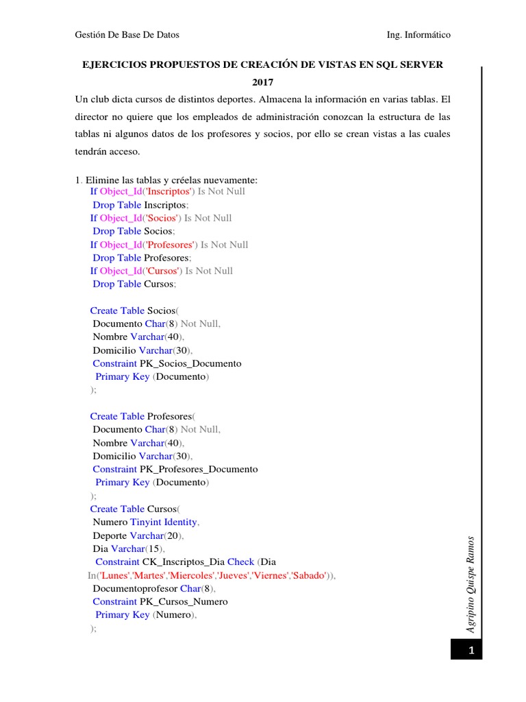 Ejercicio Propuesto de Creación de Vistas en SQL Server 2017 | PDF ...