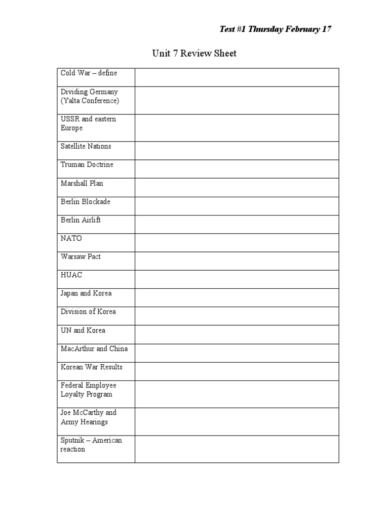 Unit 7 Review Sheet: Test #1 Thursday February 17 | PDF