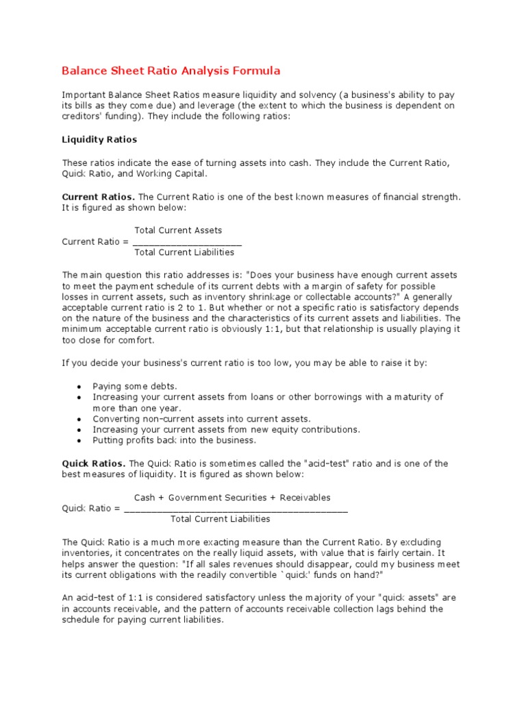 Balance Sheet Ratio Analysis Formula: Liquidity Ratios | PDF | Teaching ...