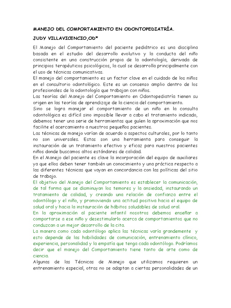 Técnicas de Comportamiento en Odontopediatría | PDF | Comportamiento ...