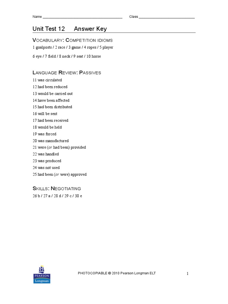 Unit Test 12 Answer Key: Name - Class | PDF