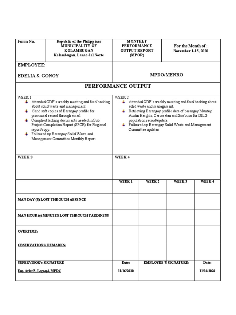 Performance Output: Employee: Edelia S. Gonoy Mpdo/Menro | PDF