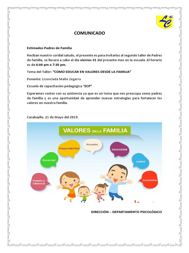 Comunicado de La Escuela de Padres | PDF