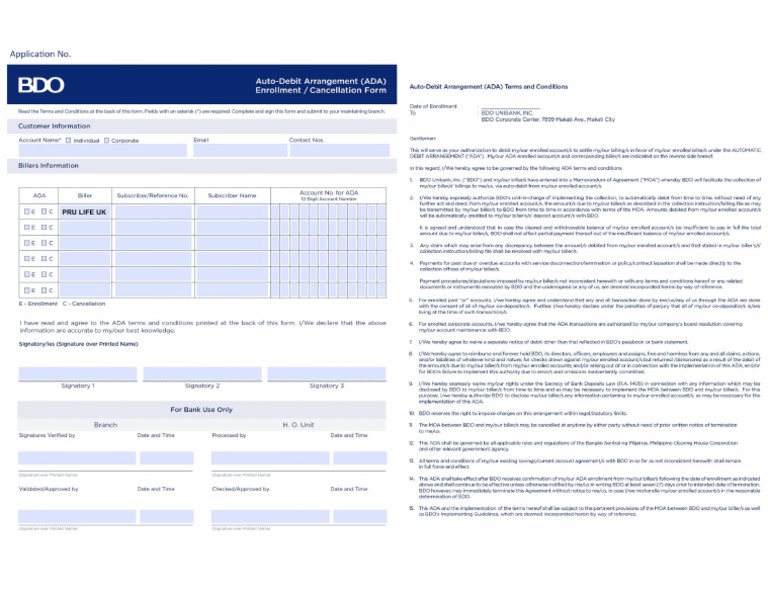 BDO ADA Enrollment Form PDF | PDF