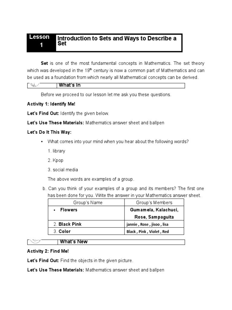 Lesson 1: Introduction To Sets and Ways To Describe A Set | PDF ...