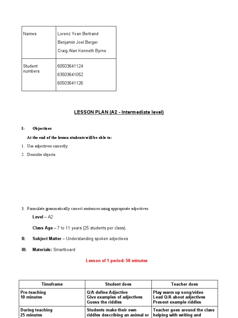 Adjective Lesson Plan for A2 Students | PDF